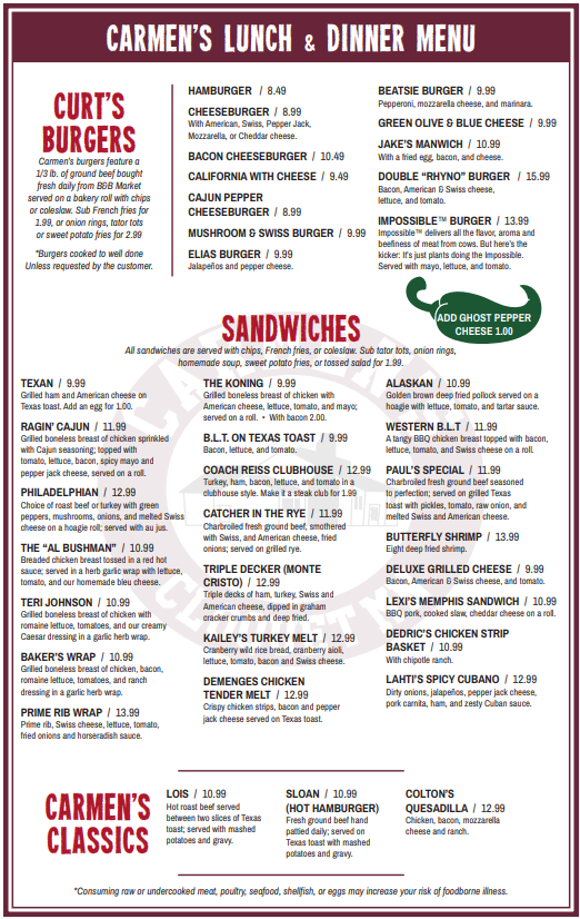 Menu | Carmen's Bar & Restaurant